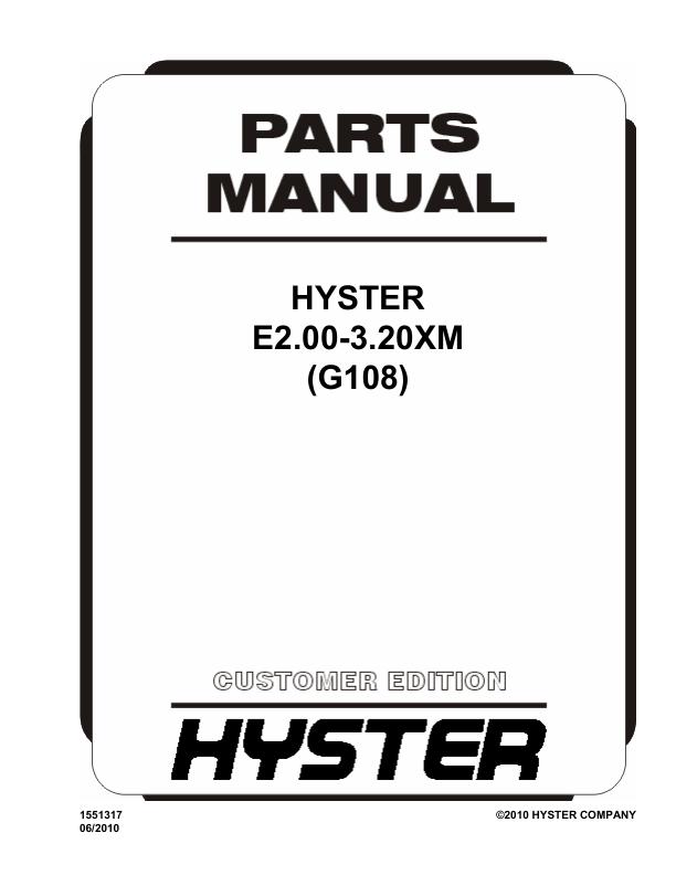 Hyster E2.00-3.20XM 01/2006 Forklift Parts Manual Catalog Exploded ...